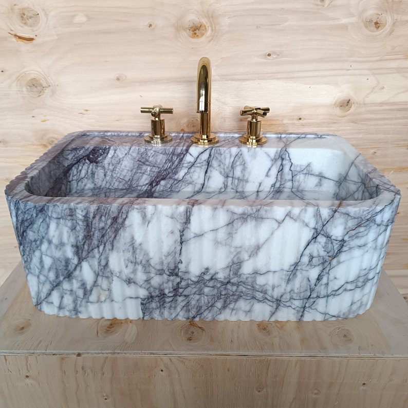 Fluted Farm Sink 24''x16''x8'' Powder Bathroom Sink, Handmade Marble ...