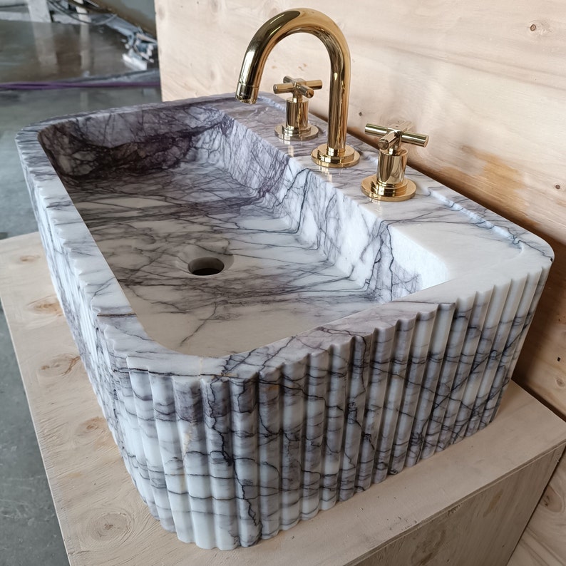 Fluted Farm Sink 24''x16''x8'' Powder Bathroom Sink, Handmade Marble ...
