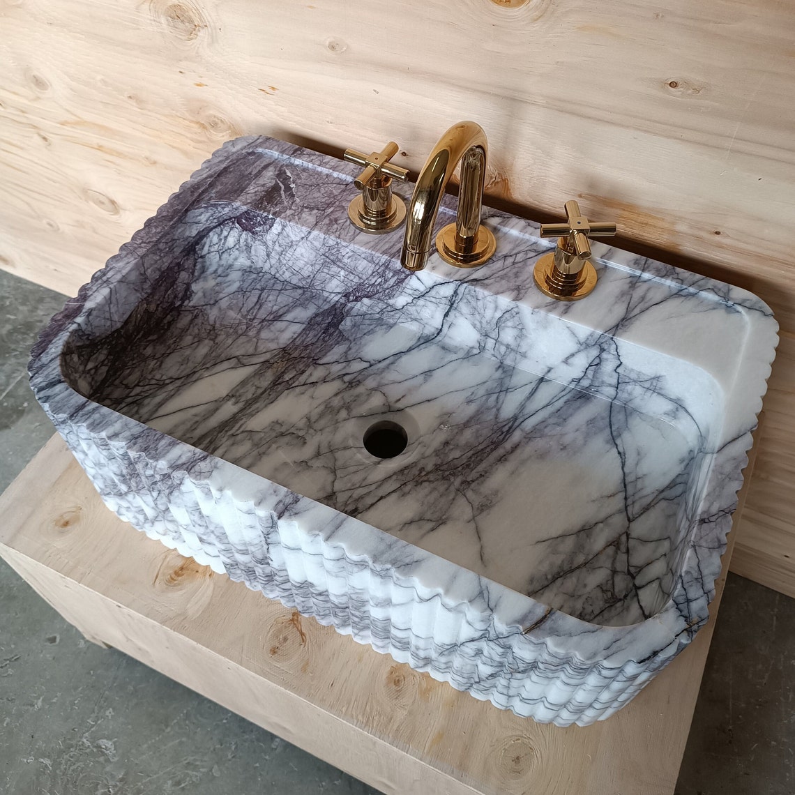 Fluted Farm Sink 24''x16''x8'' Powder Bathroom Sink, Handmade Marble ...