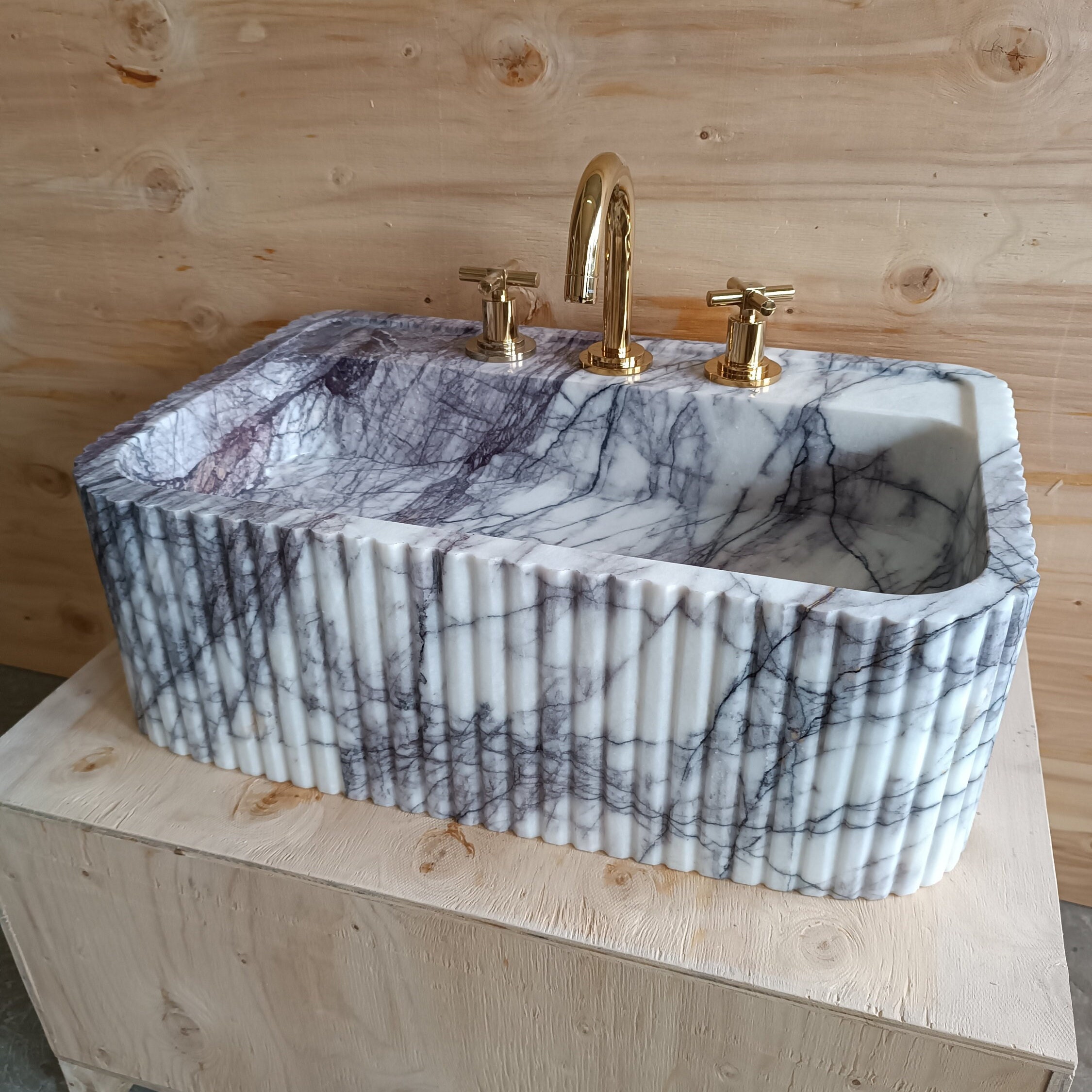 Fluted Farm Sink 24''x16''x8'' Powder Bathroom Sink, Handmade Marble ...