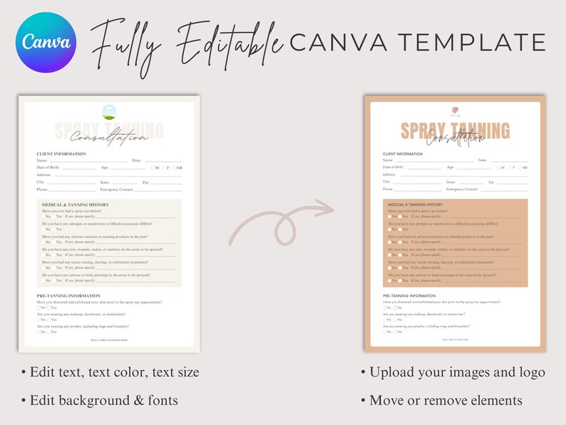Editable Spray Tan Forms Bundle, Spray Tanning Consent Form Template ...