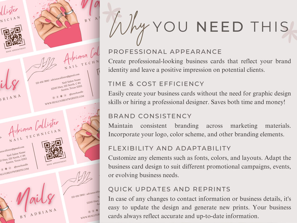 Printable Business Card for Nail Artist, Editable Nail Technician ...