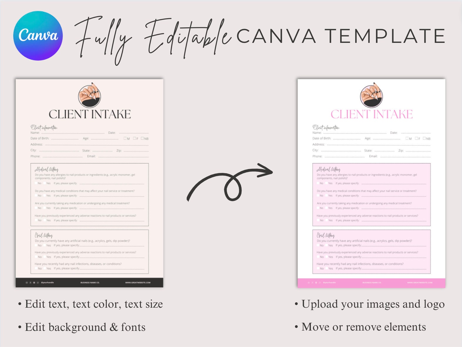 Editable Nail Tech Forms Bundle, Nail Consultation Form Canva Template ...