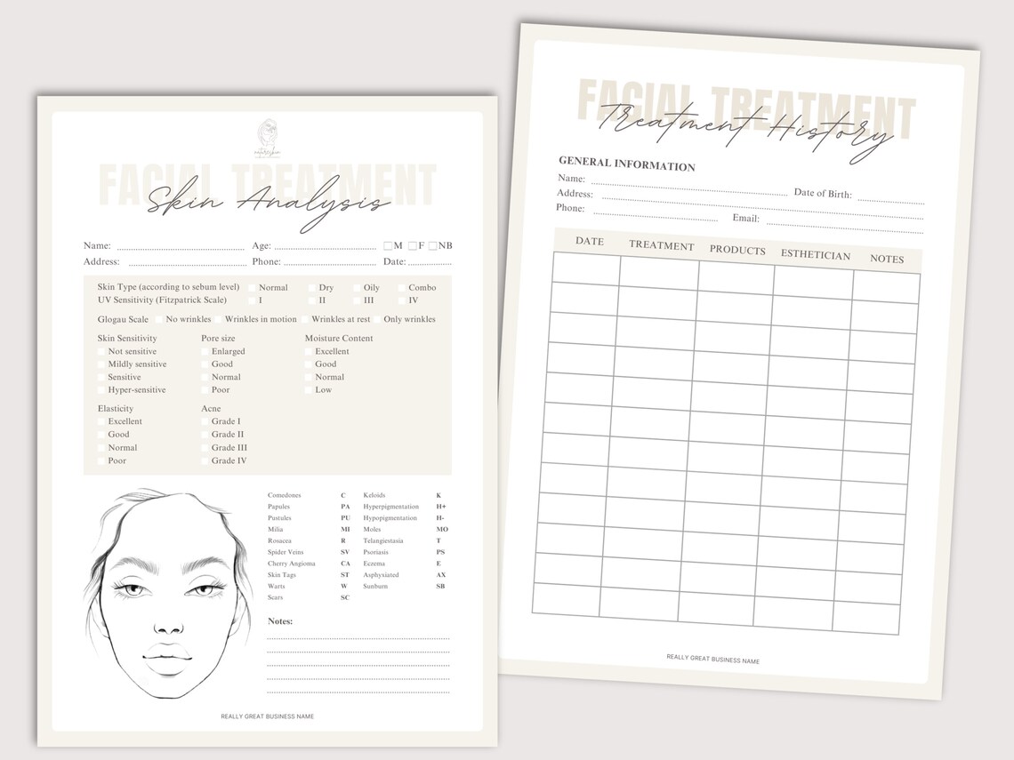 Skin Analysis Form Template, Skincare Template, Esthetician Facial ...