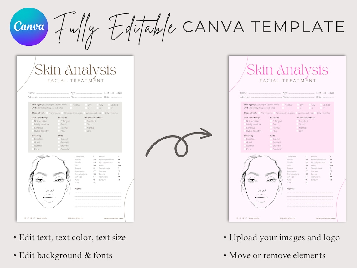 Skin Analysis Form Template, Skincare Template, Esthetician Facial ...