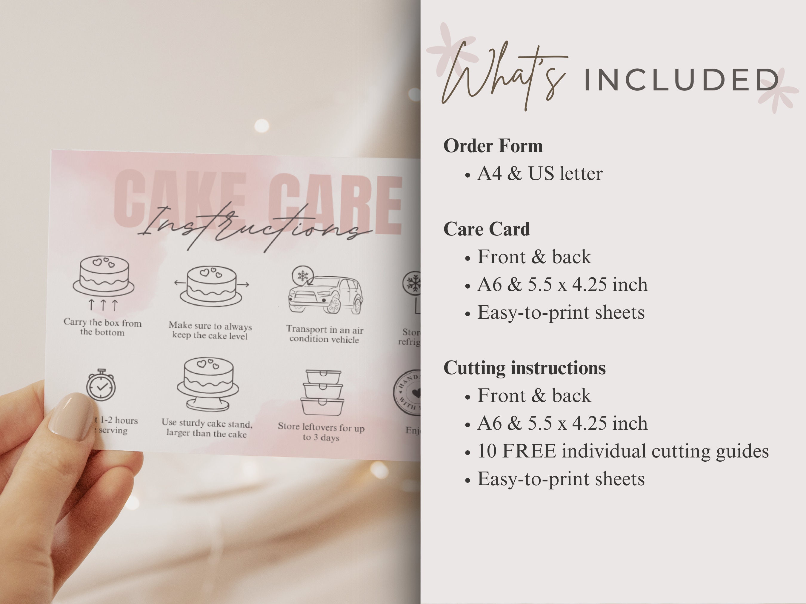 Cake Care Card, Bakery Order Form Template, Care Instructions, Cake ...