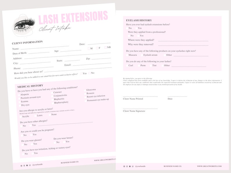 Editable Lashes Client Record Form Template, Lash Tech Consultation ...