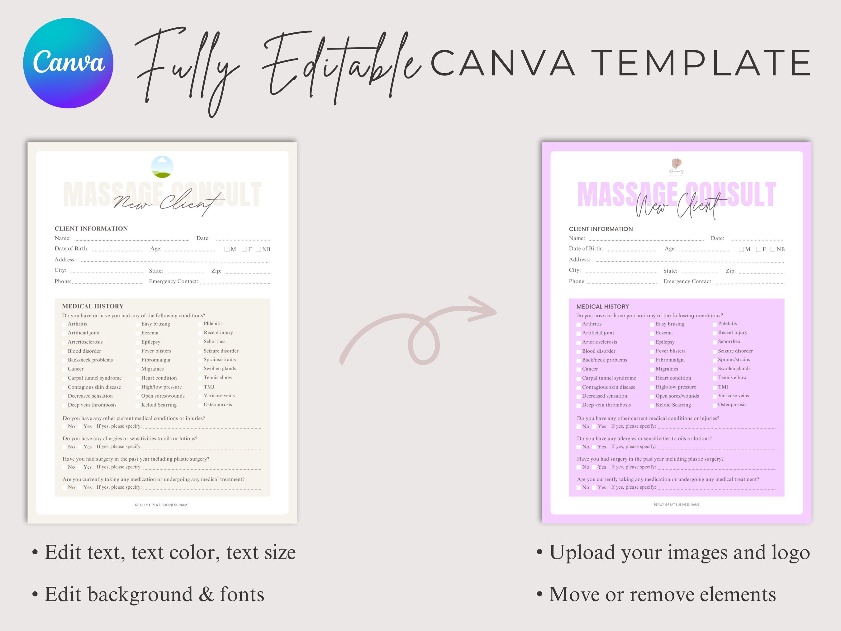 Editable Massage Therapy Consultation Form, Massage Client Intake ...
