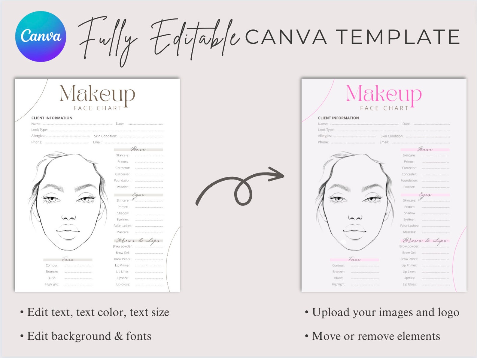 Makeup Artist Face Chart Template, Makeup Consultation Form, Makeup ...
