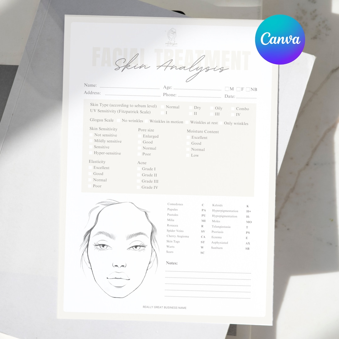 Skin Analysis Form Template, Skincare Template, Esthetician Facial ...
