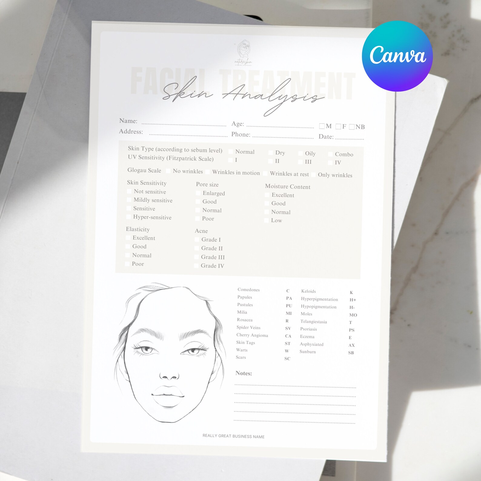 Skin Analysis Form Template, Skincare Template, Esthetician Facial ...