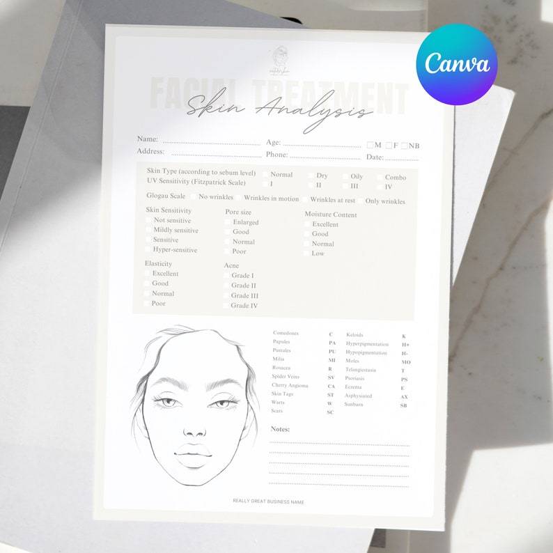 Skin Analysis Form Template, Skincare Template, Esthetician Facial ...
