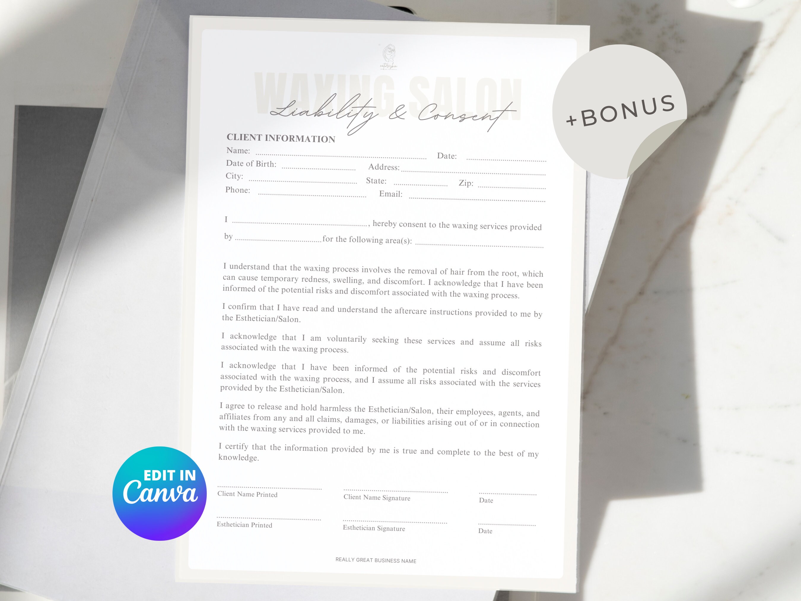 Editable Waxing Consent Form, Esthetician Forms Bundle, Beautician ...