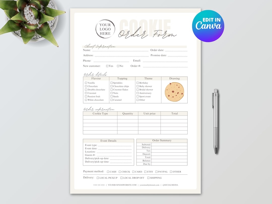 Cookie Order Form Template, Bakery Order Form, Small Business Order ...