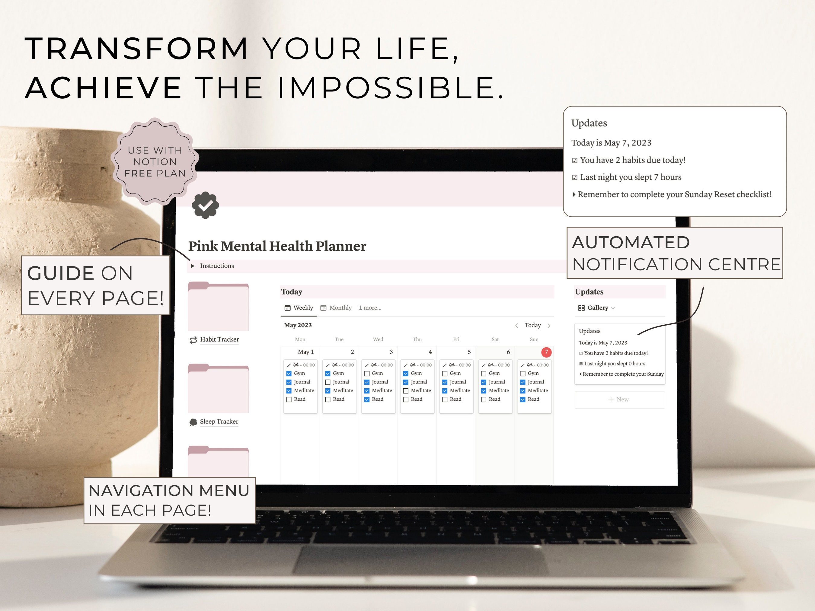 Pink Notion Habit Tracker, Notion Journal & Self Care Planner, Notion ...