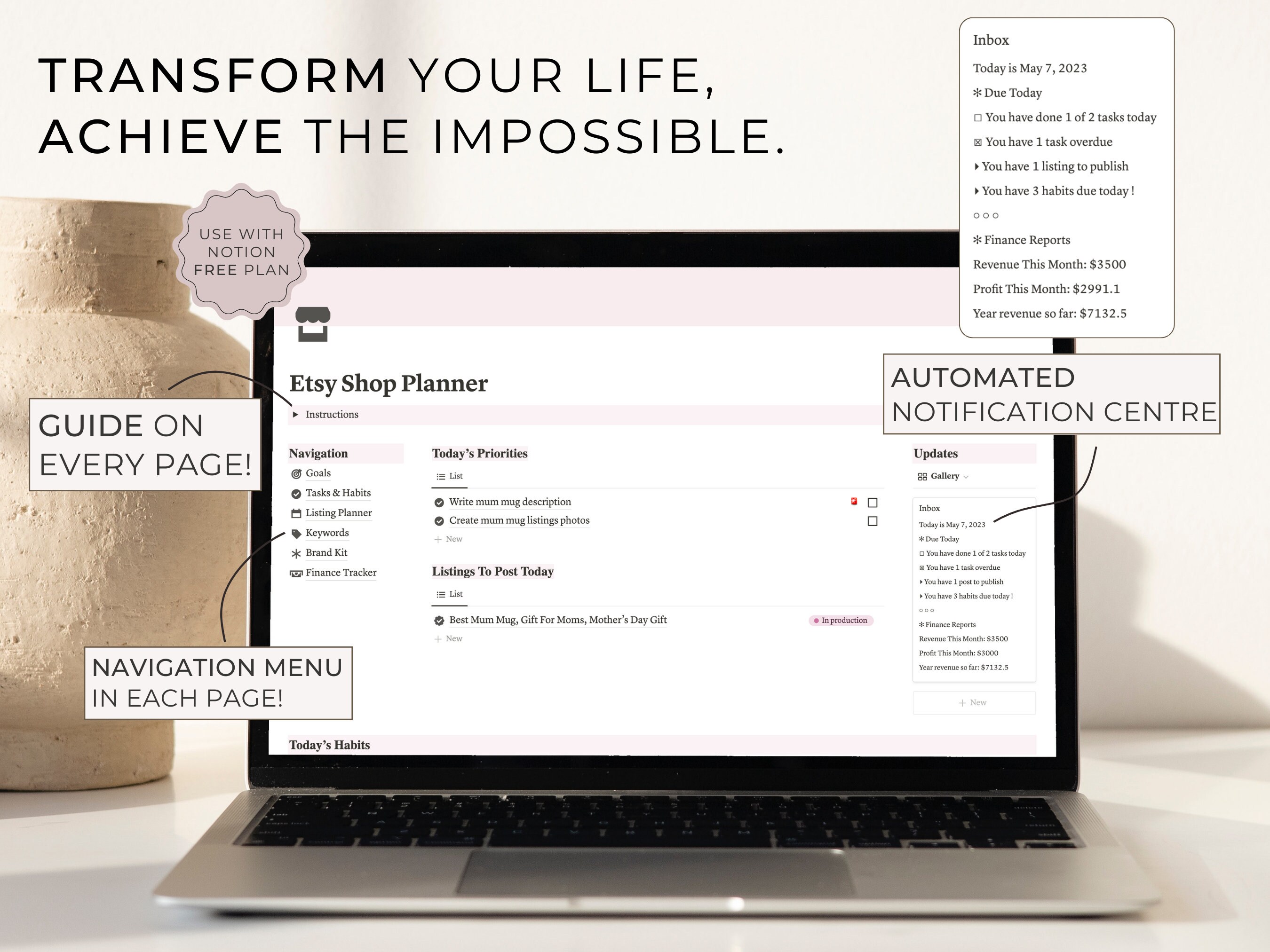 Pink Etsy Seller Notion Planner Template Notion Template for - Etsy