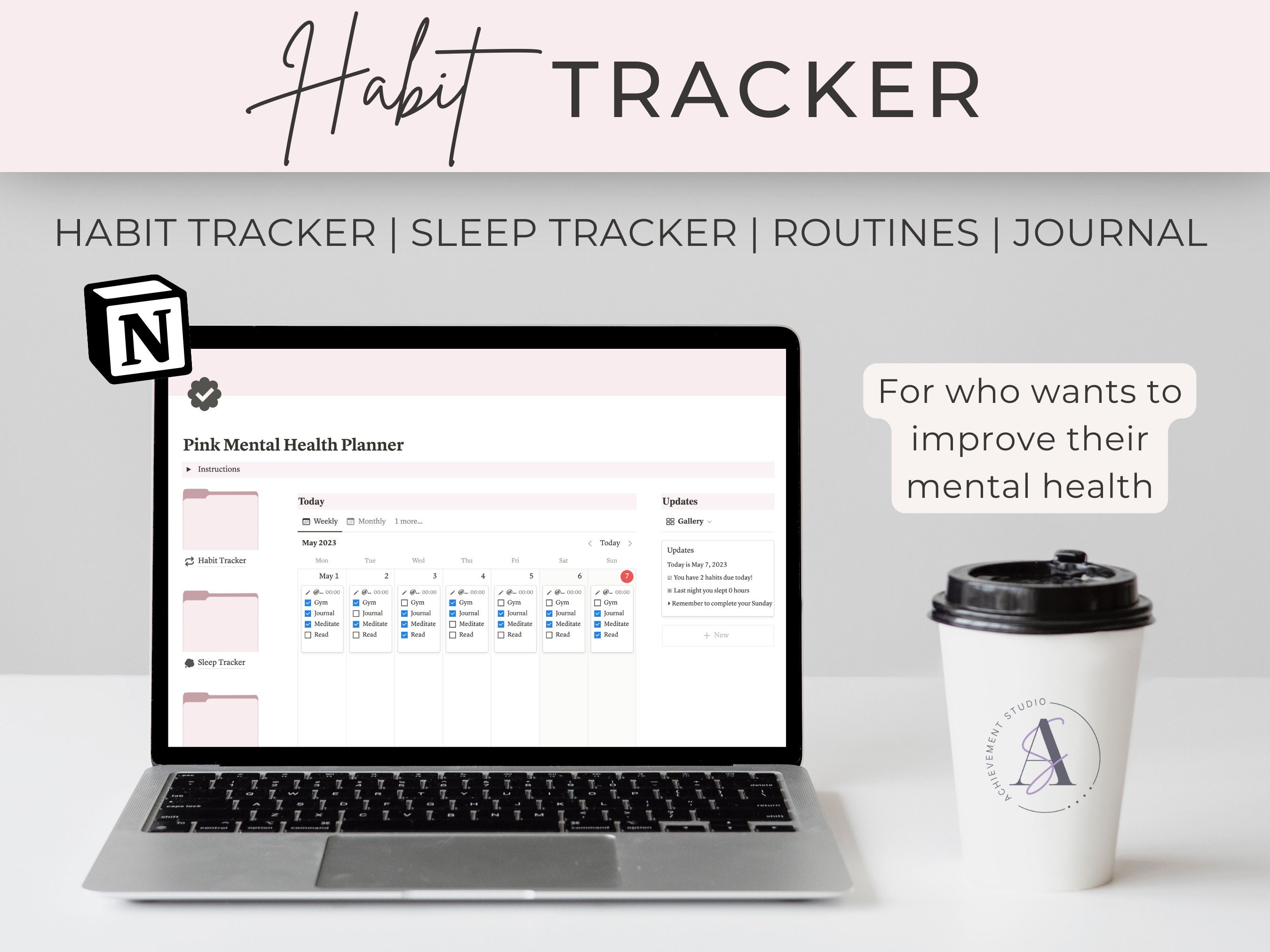 Pink Notion Habit Tracker, Notion Journal & Self Care Planner, Notion ...