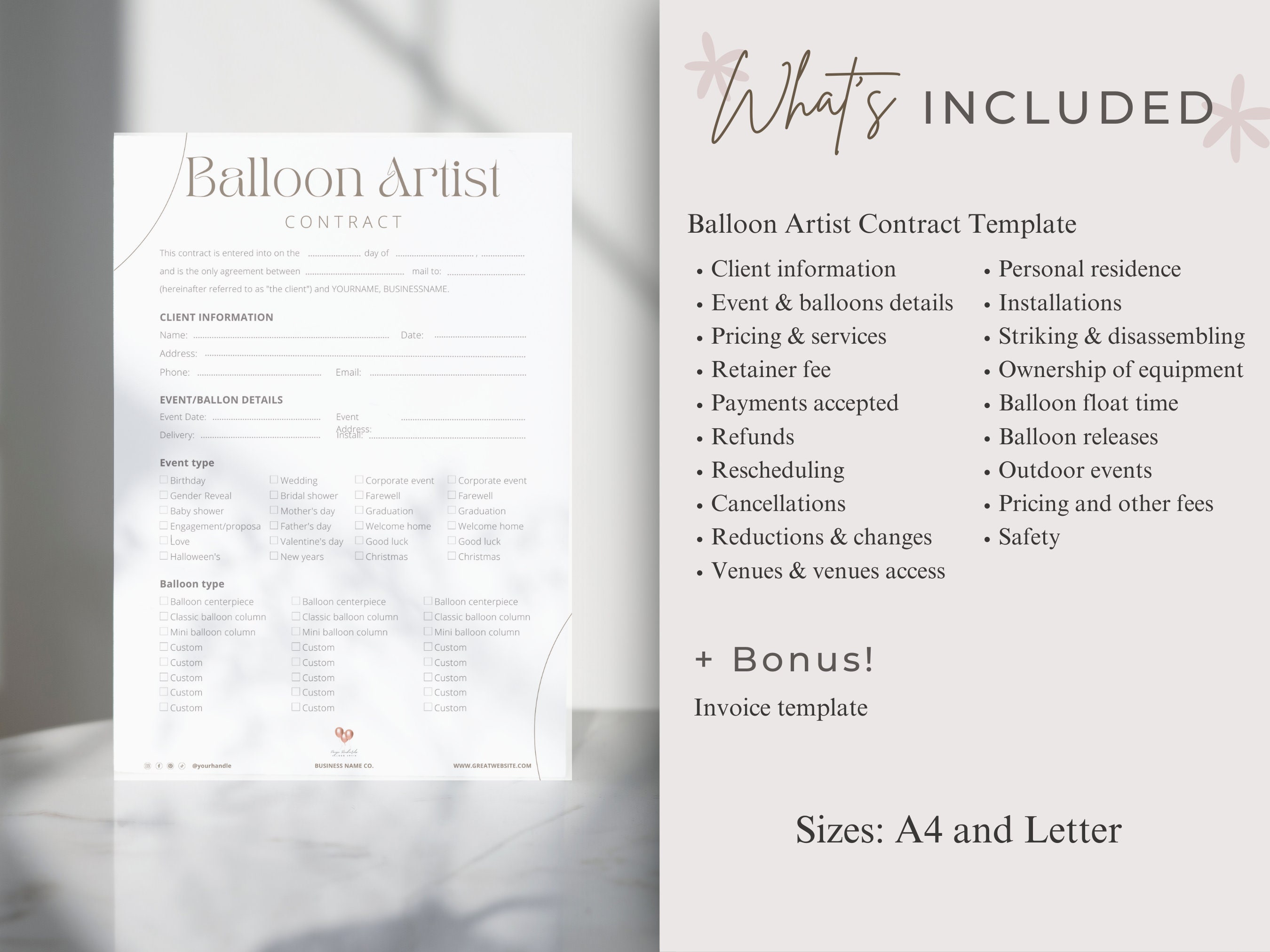 Editable Balloon Artist Contract Template, Minimal Balloon Stylist ...