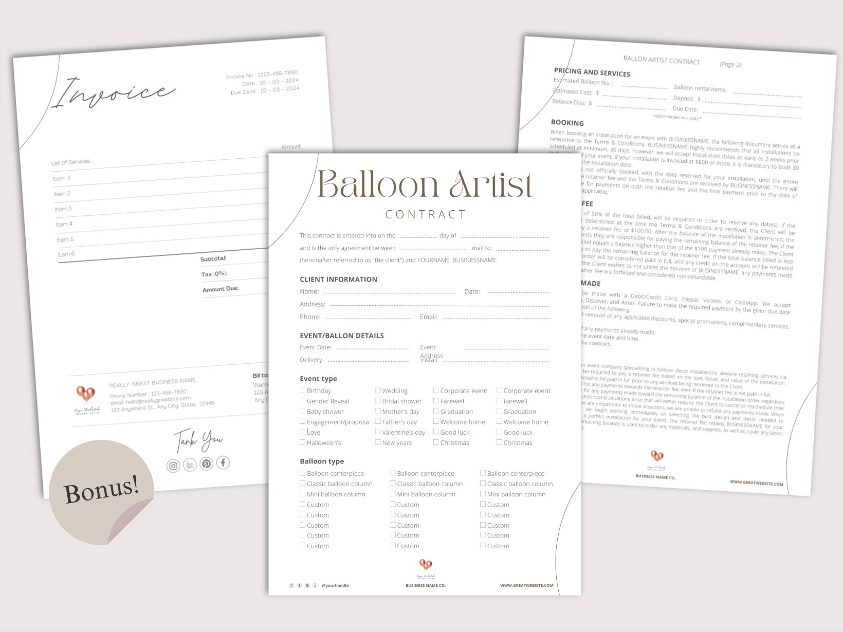 Editable Balloon Artist Contract Template, Minimal Balloon Stylist ...