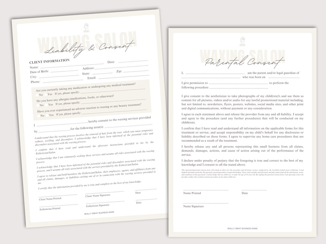 Editable Waxing Consent Form, Esthetician Forms Bundle, Beautician ...