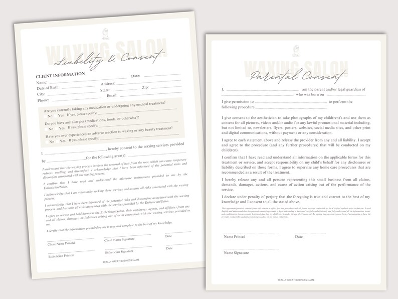 Editable Waxing Consent Form, Esthetician Forms Bundle, Beautician ...