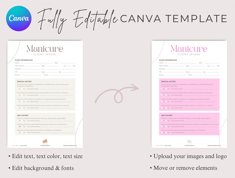 Editable Nail Artist Forms Bundle, Nail Consent Form Template, Nail ...