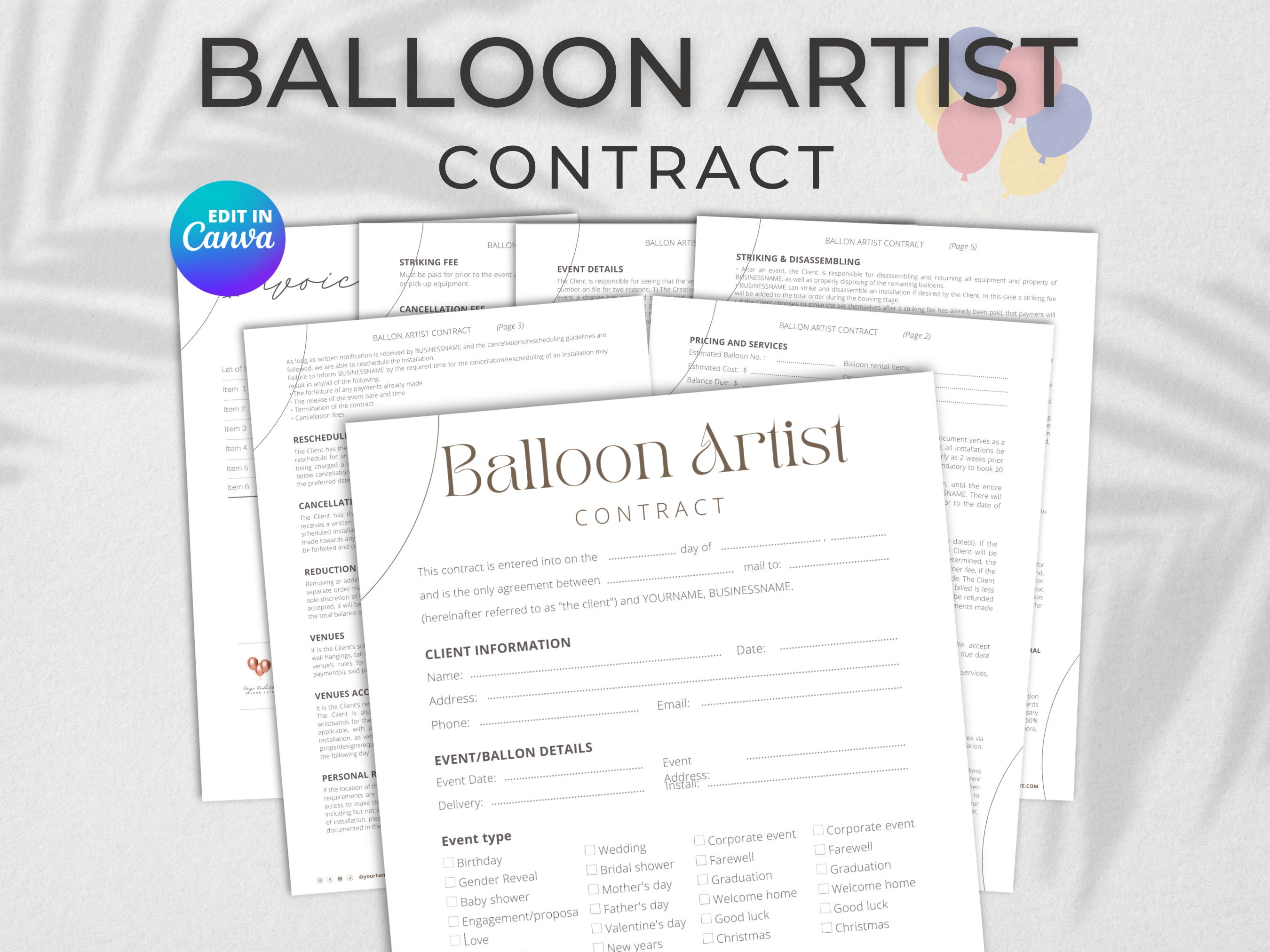 Minimalistic Balloon Artist Contract Template, Balloon Service Contract ...