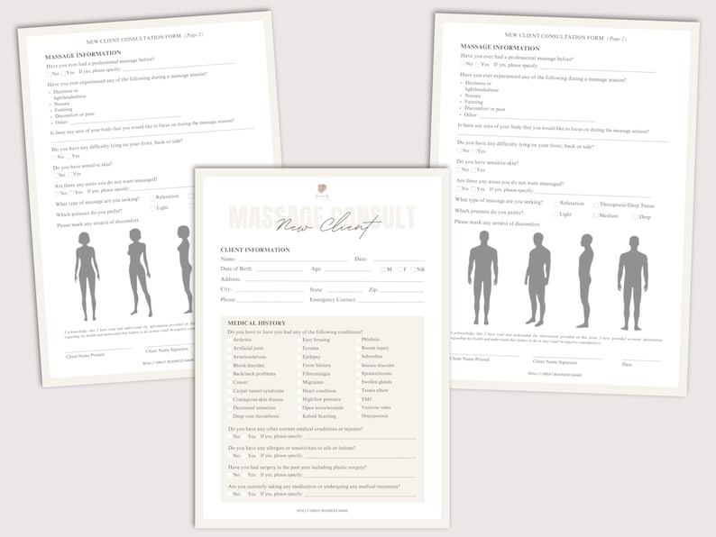 Editable Massage Therapy Consultation Form, Massage Client Intake ...