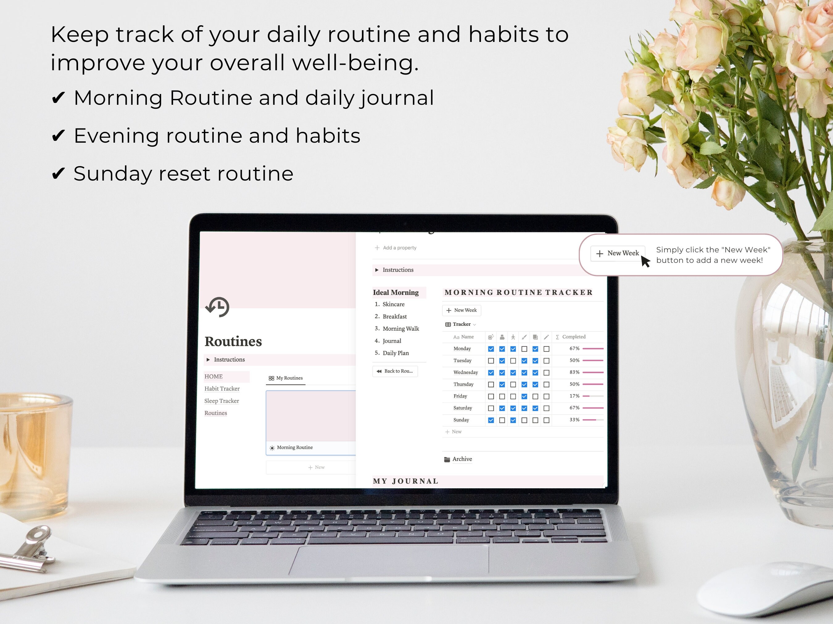 Pink Notion Habit Tracker, Notion Journal & Self Care Planner, Notion ...