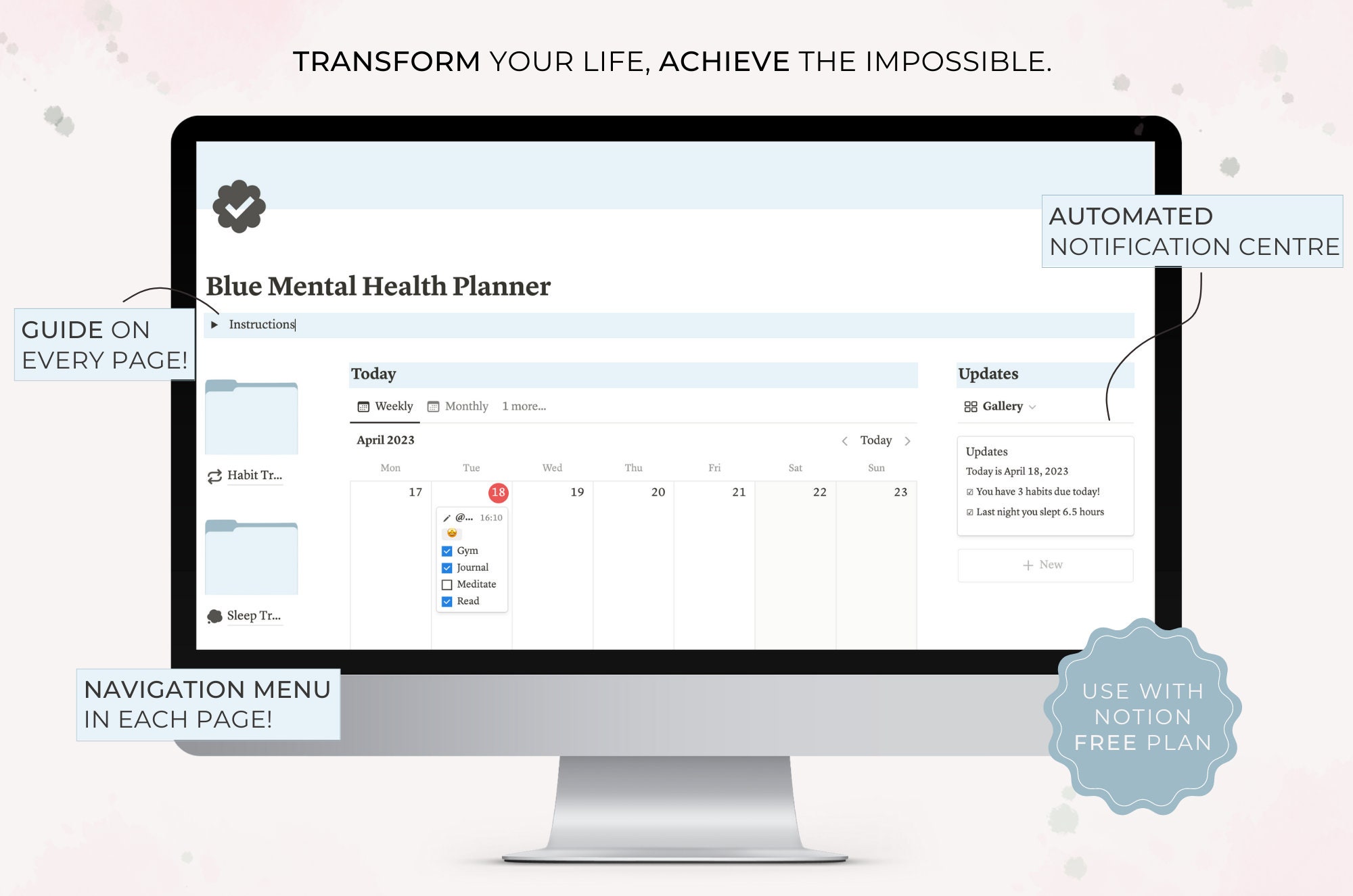 Blue Notion Self Care Template, Notion Daily Journal, Notion Habit ...