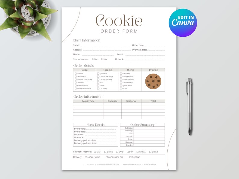Cookie Order Form Template, Bakery Order Form, Small Business Order ...
