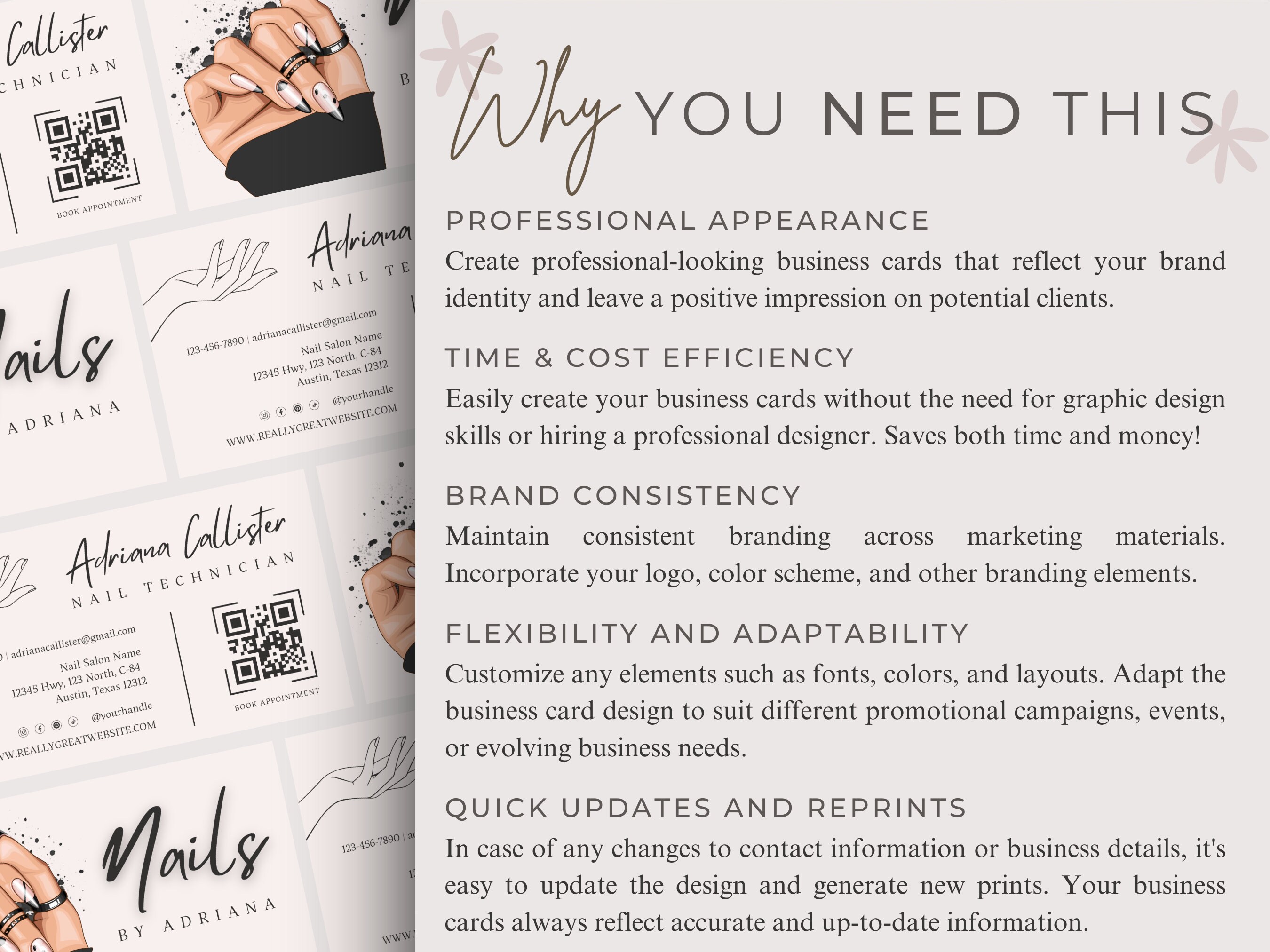 Editable Nail Tech Business Card Template, Nails Calling Card With QR ...