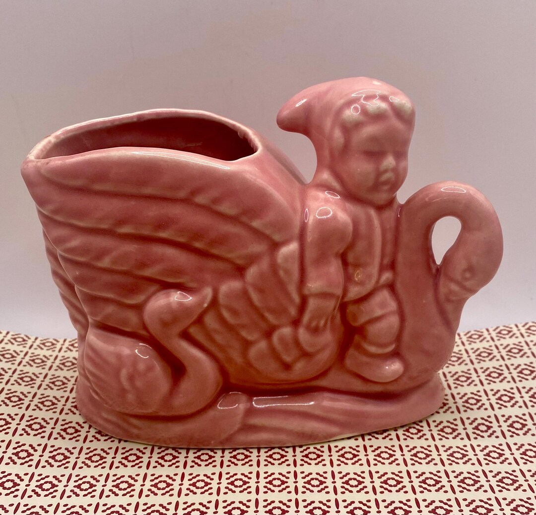 Vintage 1940's, Pink USA Pottery Planter Swan Figurine With Elf Riding ...