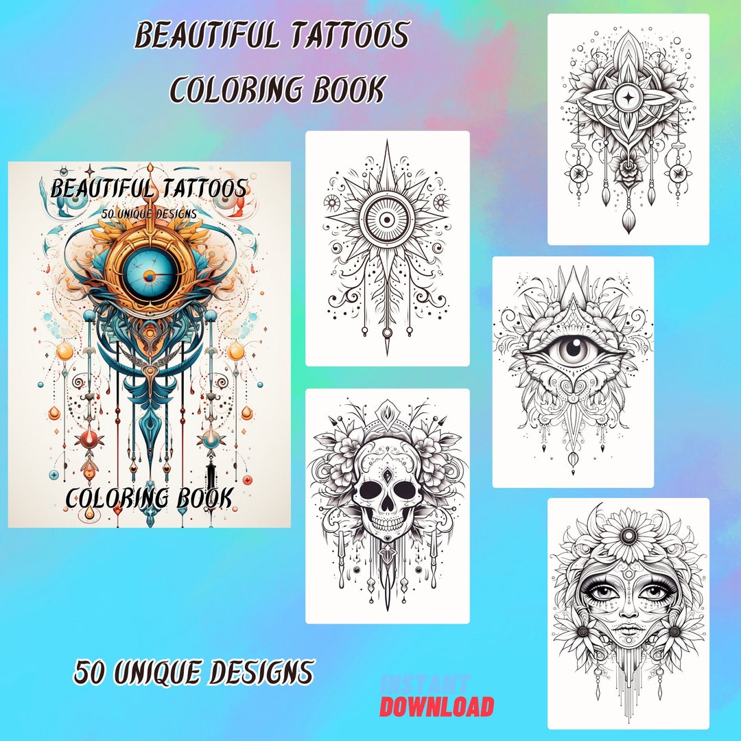 Beautiful Tattoos Coloring Book | 50 Tattoo Coloring Pages | Tattoo ...