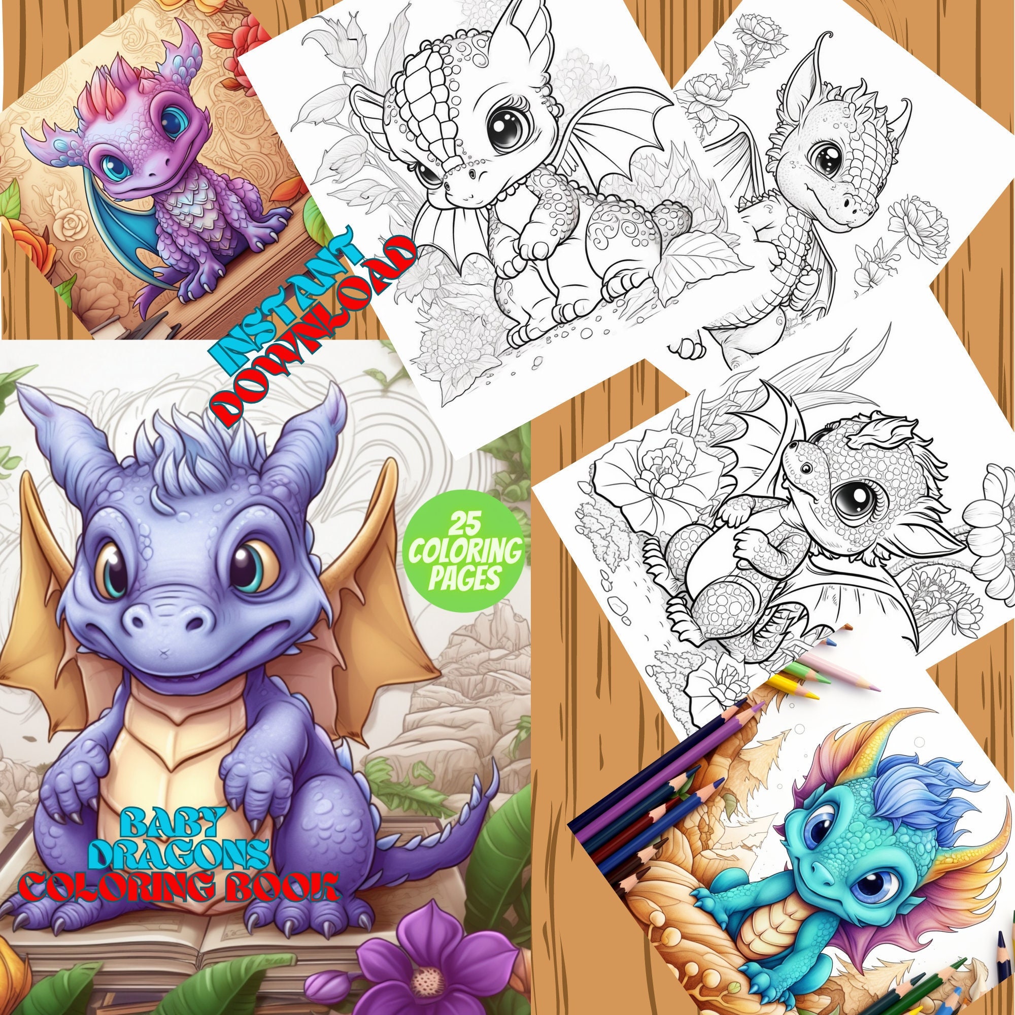 25 Baby Dragon Fantasy Coloring Page Book, Adults Kids Instant Download ...