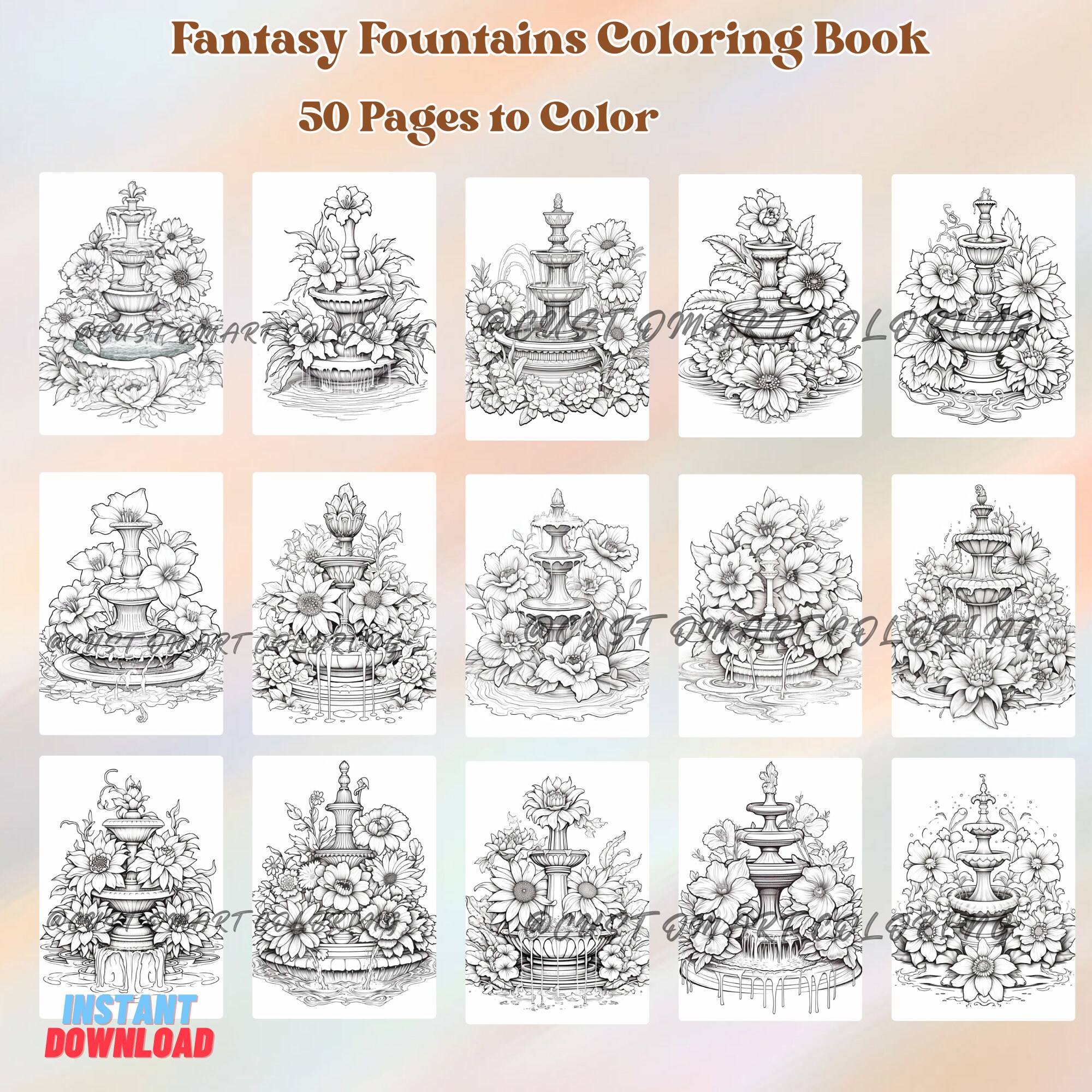 Fantasy Fountains Coloring Book: 50 Floral Designs (PDF Download) - Etsy