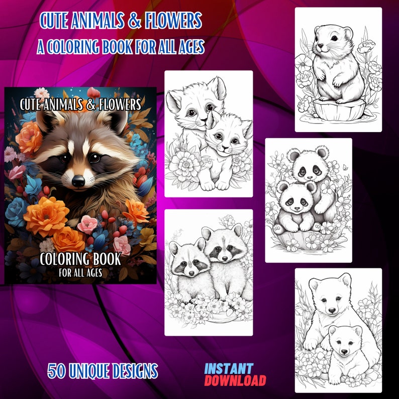 Cute Animals & Flowers Coloring Book | 50 Coloring Pages With Adorable ...