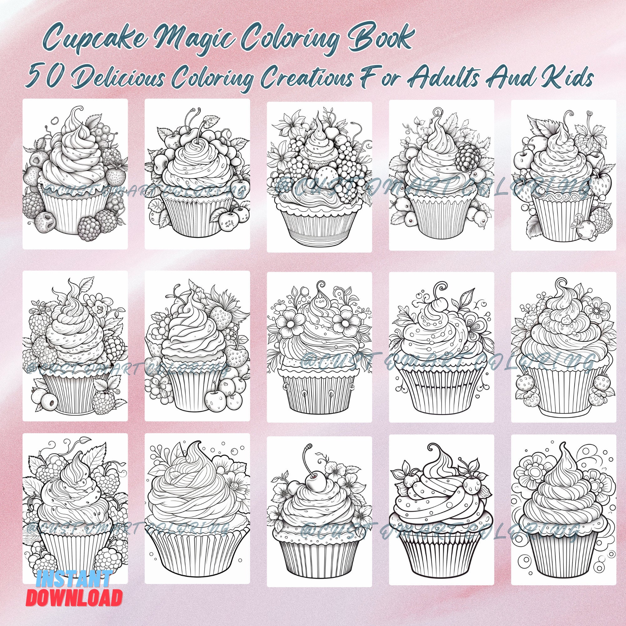 Cupcake Coloring Book | 50 Coloring Pages for Adults and Kids | Cupcake ...