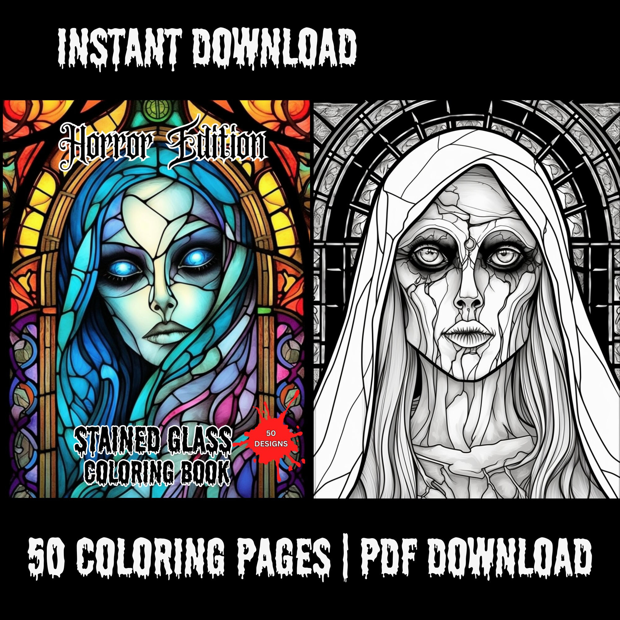 Horror Stained Glass Coloring Book | 50 Scary Stained Glass Coloring ...