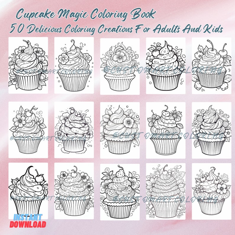 Cupcake Coloring Book | 50 Coloring Pages for Adults and Kids | Cupcake ...