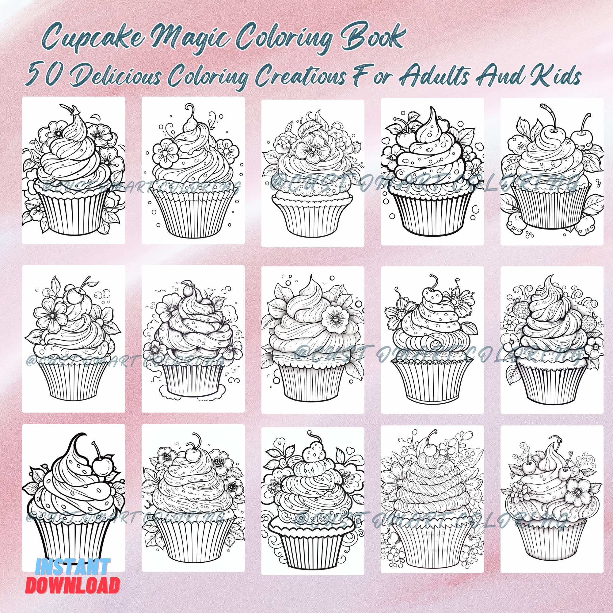 Cupcake Coloring Book | 50 Coloring Pages for Adults and Kids | Cupcake ...