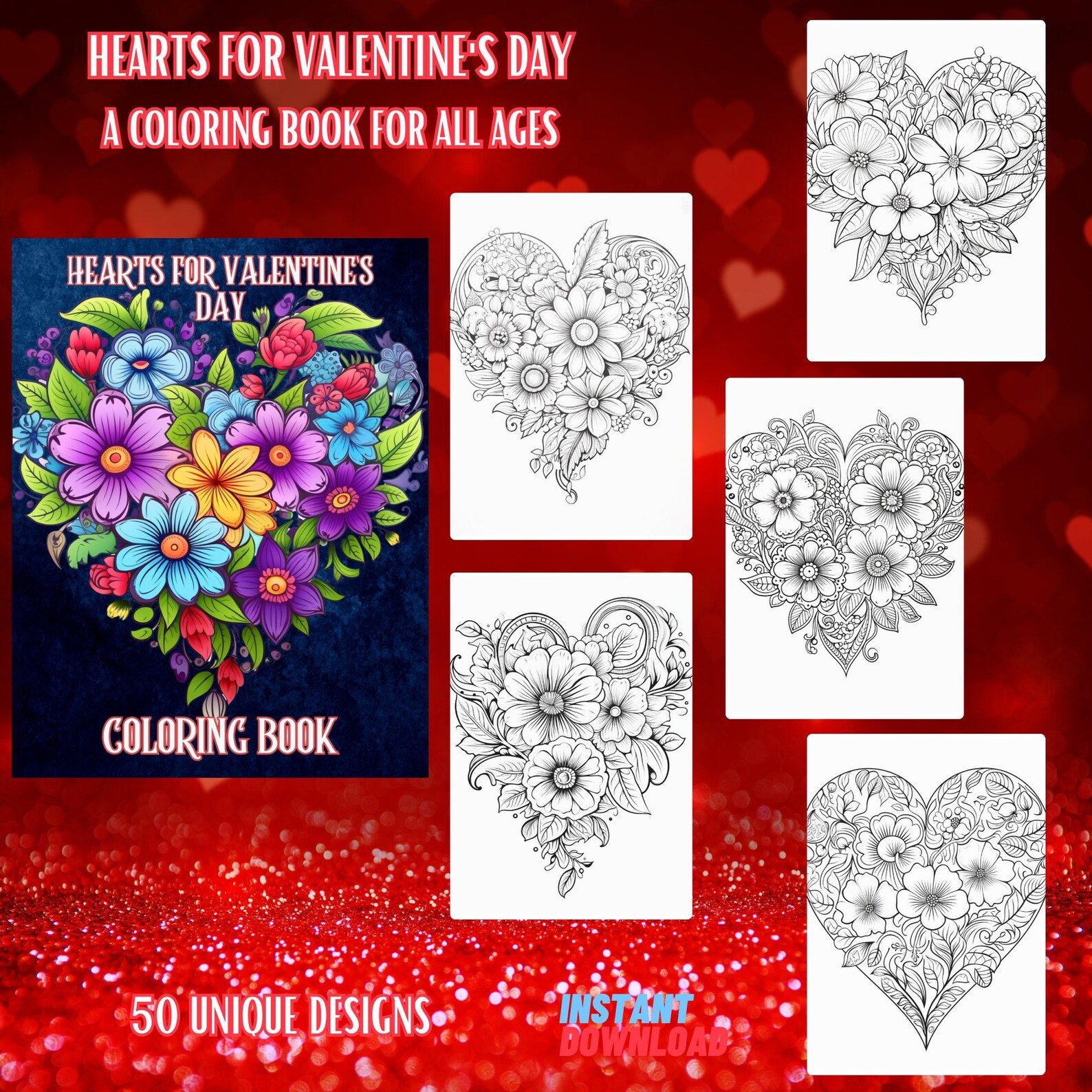 Hearts for Valentine's Day Coloring Book | 50 Happy Valentines Coloring ...
