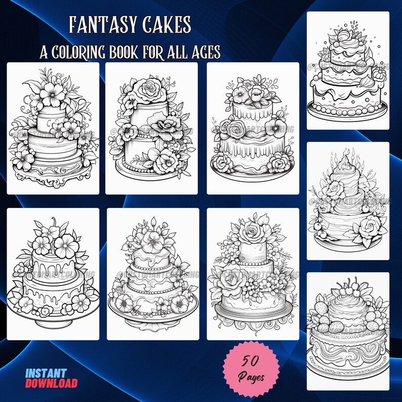 Fantasy Cakes Coloring Book 50 Cake Coloring Pages Food Coloring ...