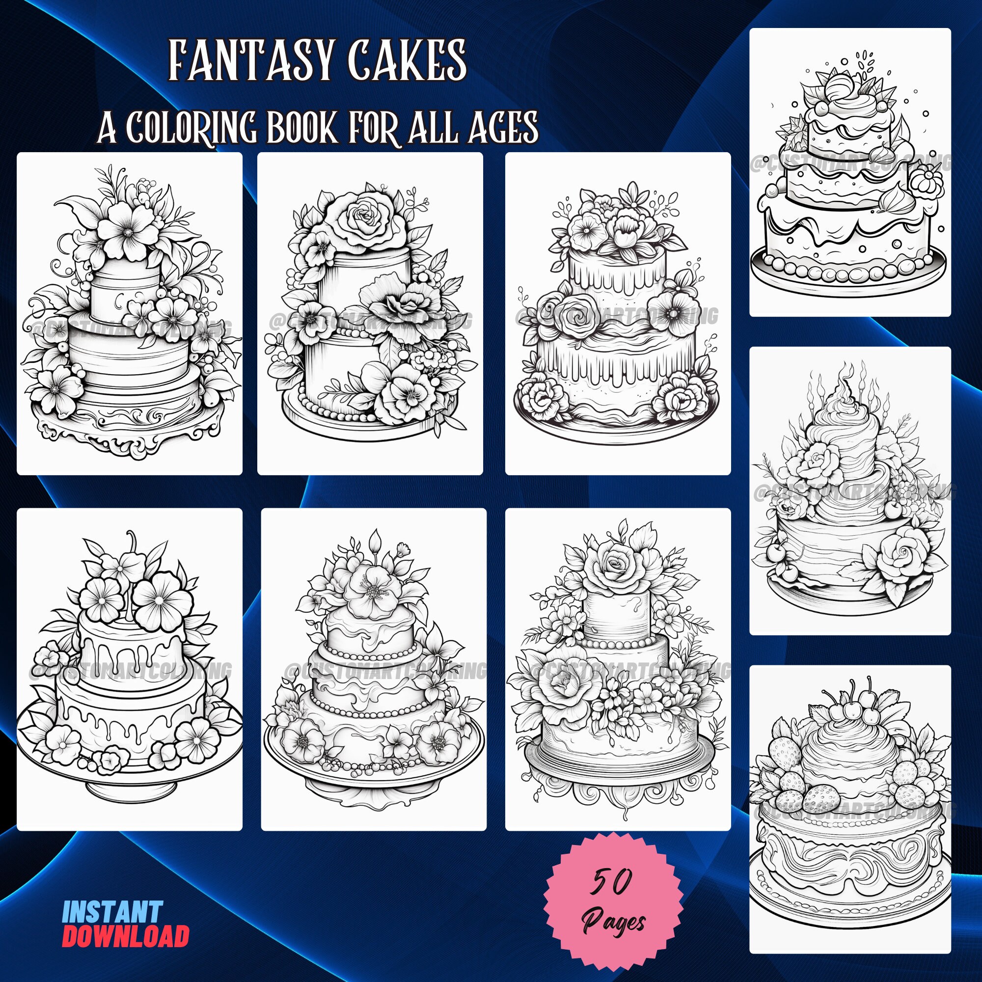 Fantasy Cakes Coloring Book 50 Cake Coloring Pages Food Coloring ...
