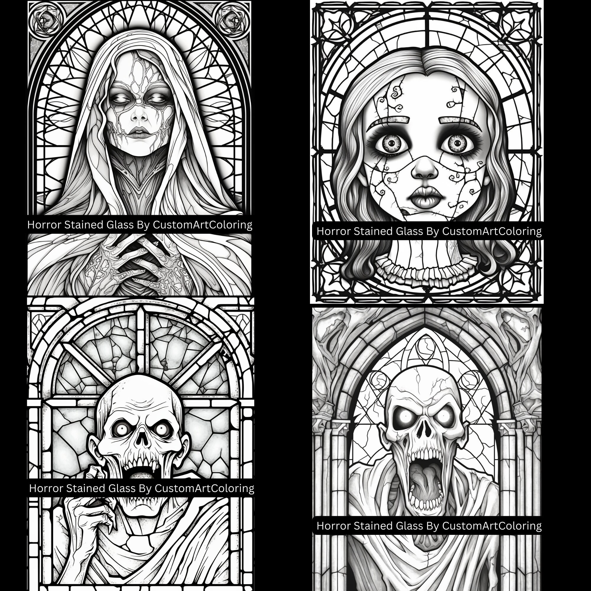 Horror Stained Glass Coloring Book | 50 Scary Stained Glass Coloring ...