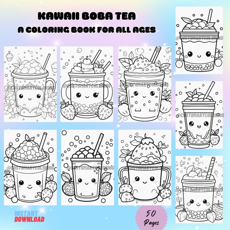 Kawaii Boba Tea Coloring Book | 50 Kawaii Boba Tea Coloring Pages ...