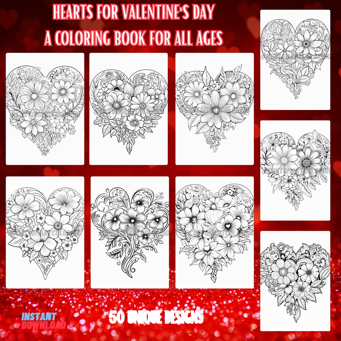 Hearts for Valentine's Day Coloring Book | 50 Happy Valentines Coloring ...