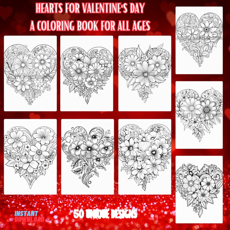 Hearts for Valentine's Day Coloring Book | 50 Happy Valentines Coloring ...