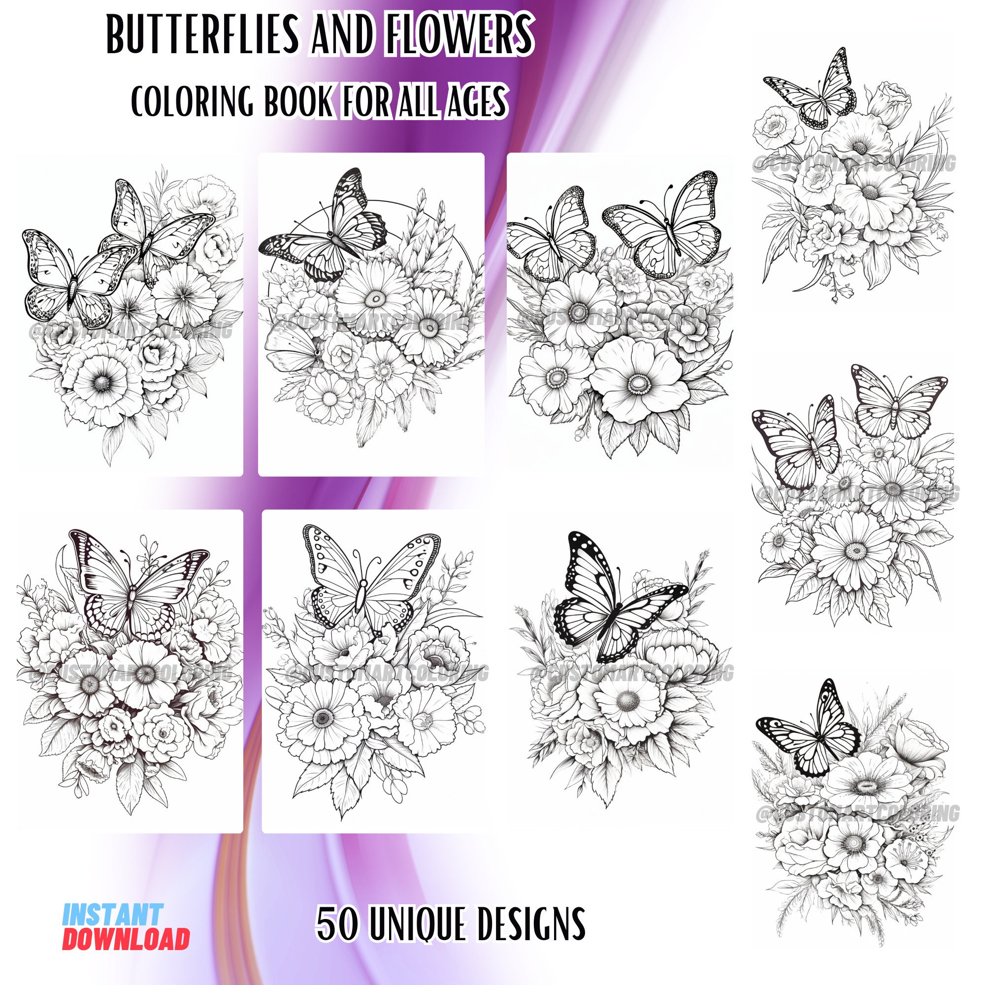 Butterflies and Flowers Coloring Book | 50 Butterfly Coloring Pages ...