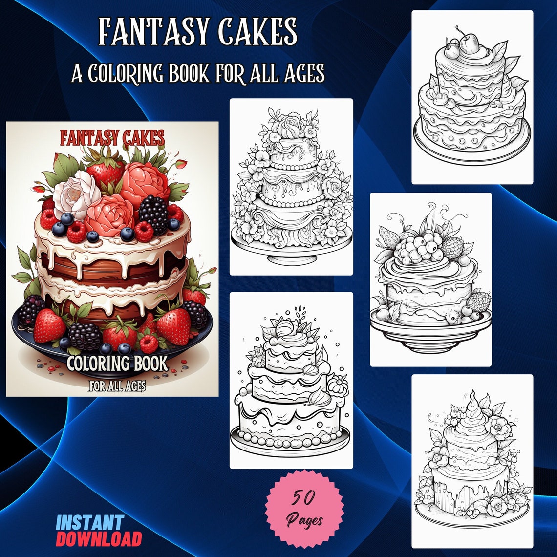 Fantasy Cakes Coloring Book 50 Cake Coloring Pages Food Coloring ...